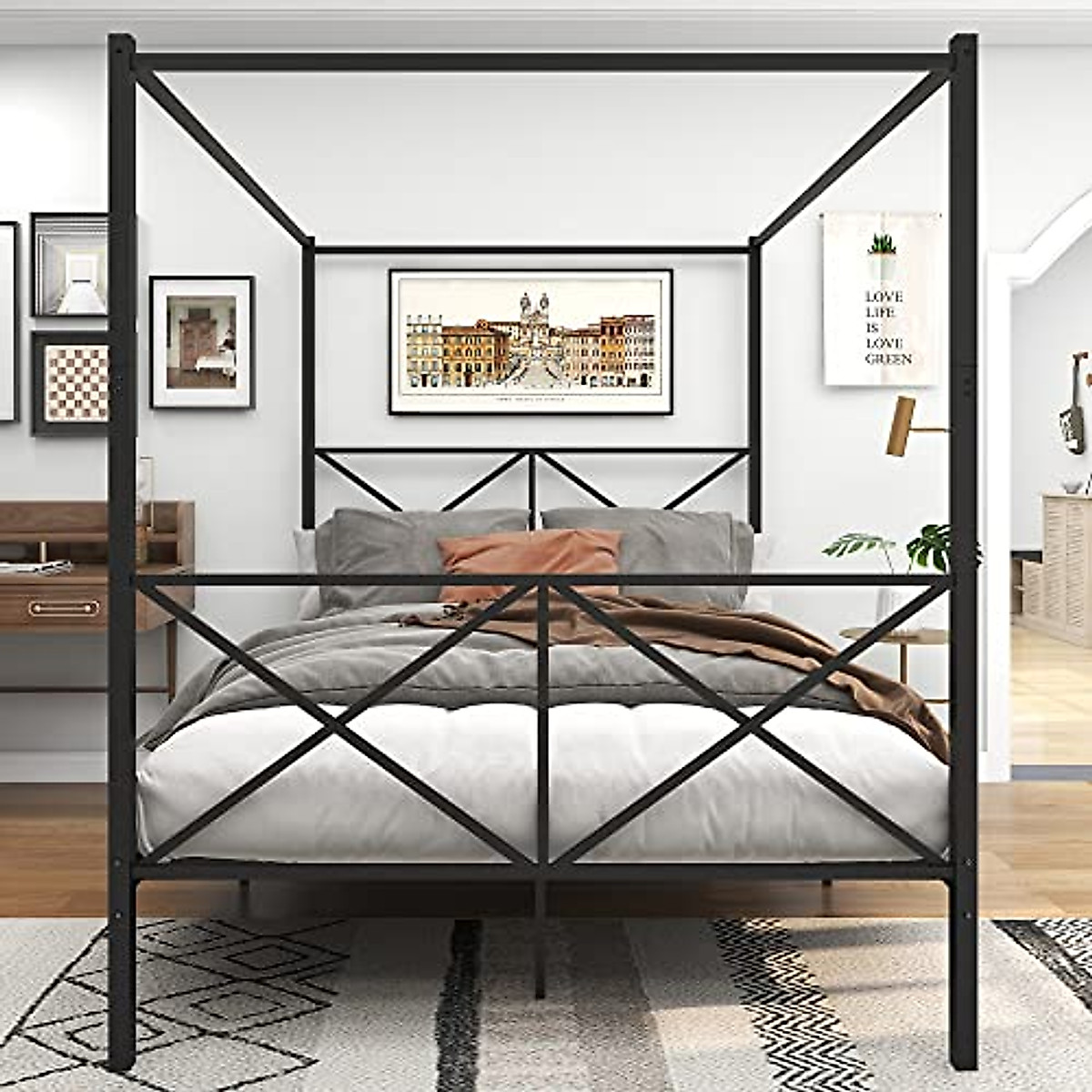 Tensun Canopy Metal Platform Bed Frame with X Shaped Headboard and Footboard,Detachable,No Box Spring Needed/Easy Assembly,Queen Size,Black