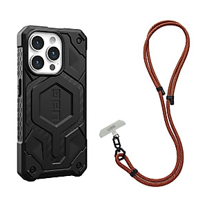 URBAN ARMOR GEAR UAG Designed for iPhone 15 Pro Case Monarch Pro Carbon Fiber 6.1" Compatible with MagSafe Bundle with UAG Civilian Phone Crossbody Lanyard 7mm Adjustable Body Strap Rust/Black