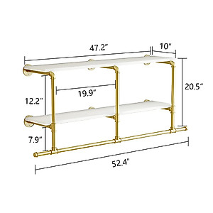 MAIKAILUN Wall Mounted Clothes Rack Gold with Shelf, 52" Long Industrial Pipe Clothing Rack with 2 Tier Shelves Heavy Duty Iron Garment Rack Bar,Retail Display Clothes Rod for Clothes,Laundry Room