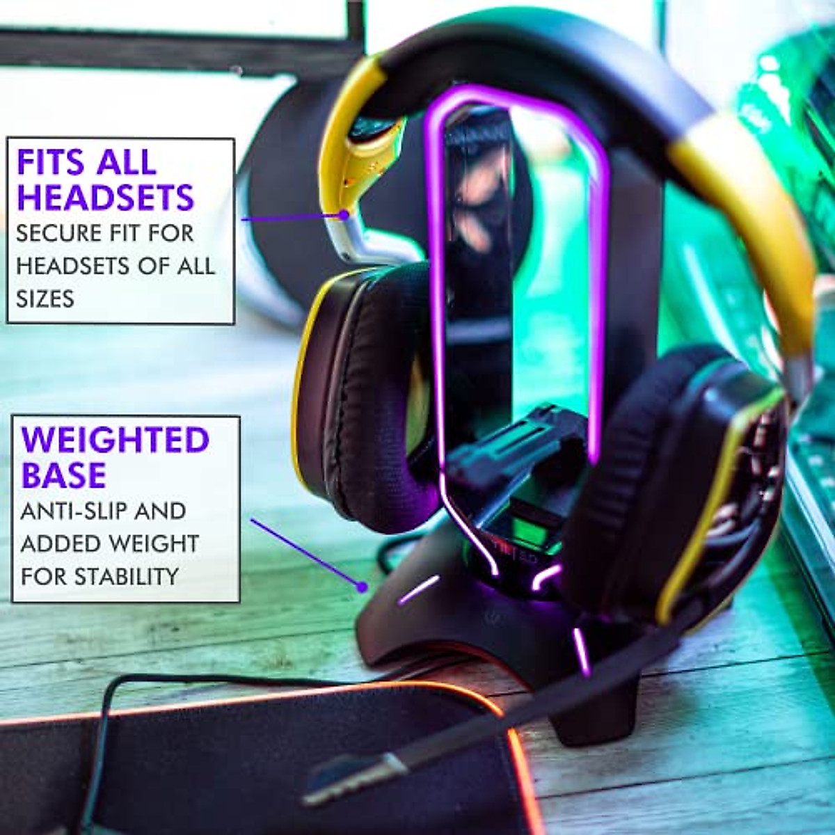 Tilted Nation RGB Headset Stand and Gaming Headphone Stand for Desk Display with Mouse Bungee Cord Holder - Gaming Headset Holder with USB 3.0 Hub for Xbox, PS4, PC - Perfect Gaming Accessories Gift