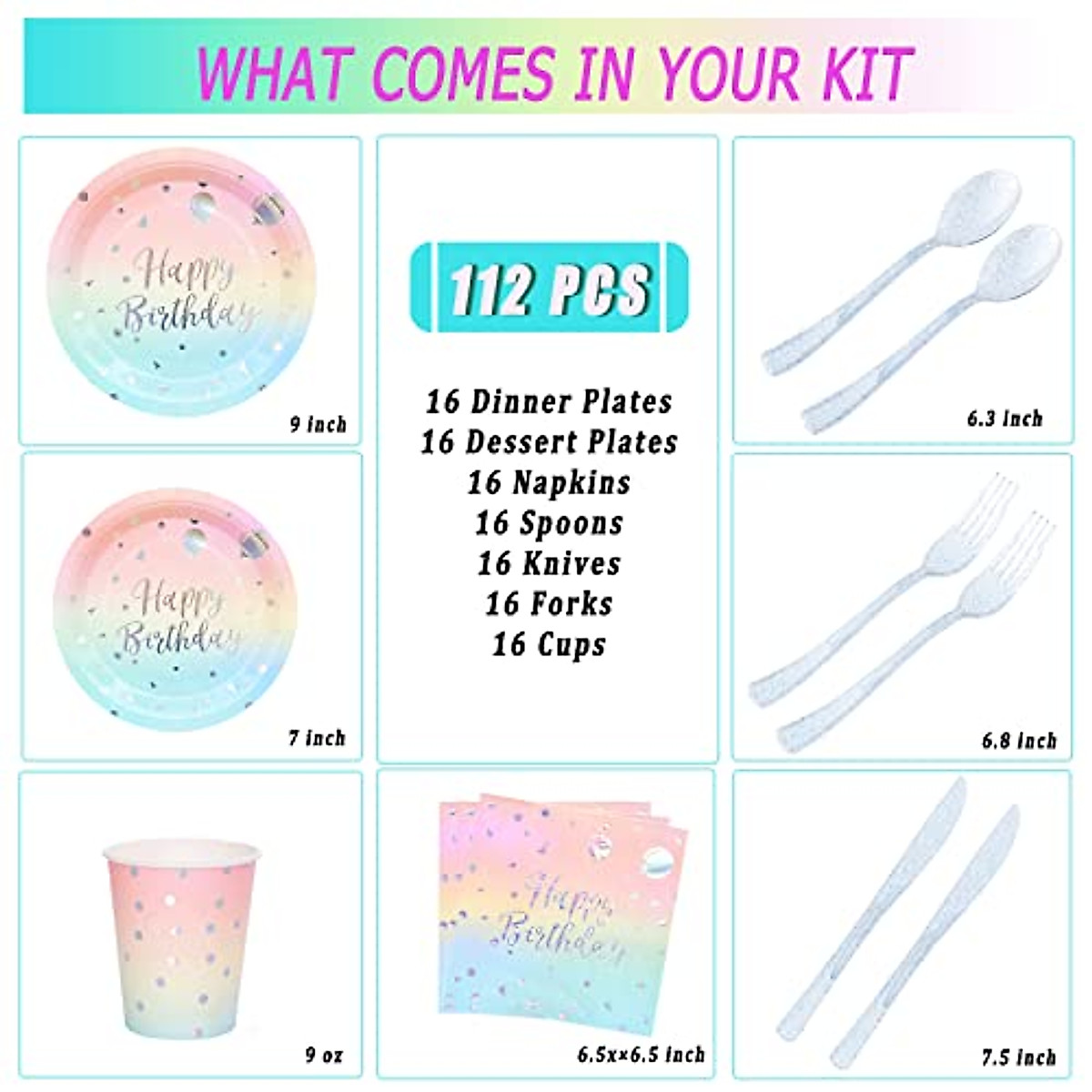 Pastel Party Decorations - Plates, Cups, Napkins & Sturdy Silverware for Rainbow Baby Shower, Birthday or Girl Pajama Party - Serves 16