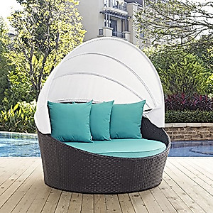Modway Convene Wicker Rattan Outdoor Patio Retractable Canopy Round Poolside Sofa Daybed in Espresso Turquoise