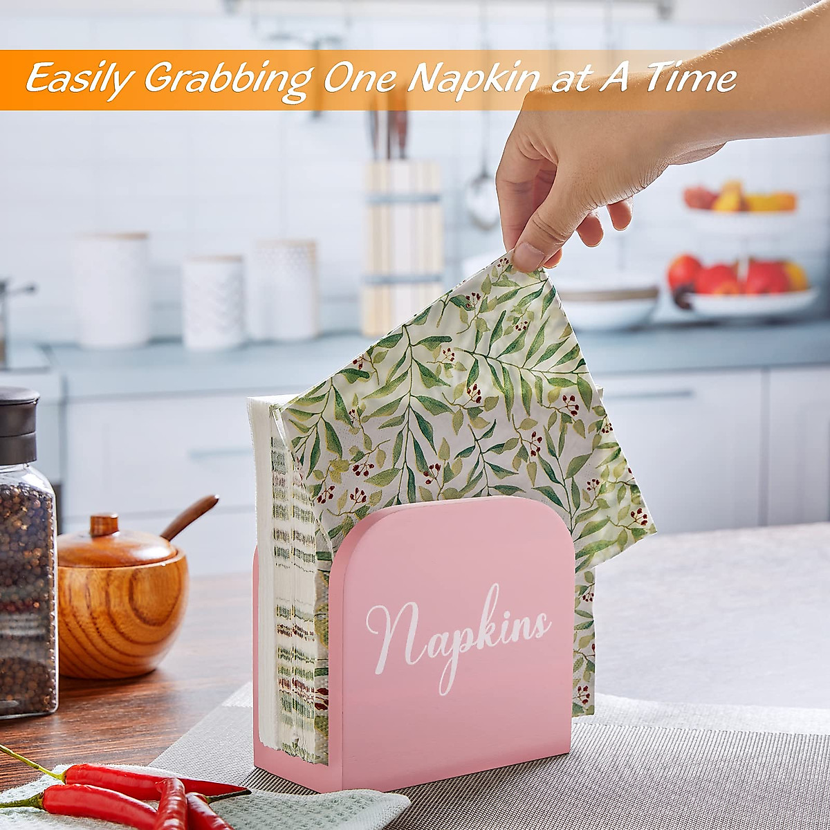 Pink Napkin Holder for Table - ALELION Wooden Napkin Holders for Kitchen - Pink Kitchen Decor and Accessories for Dining Room Table Decor - Wood Napkin Dispenser
