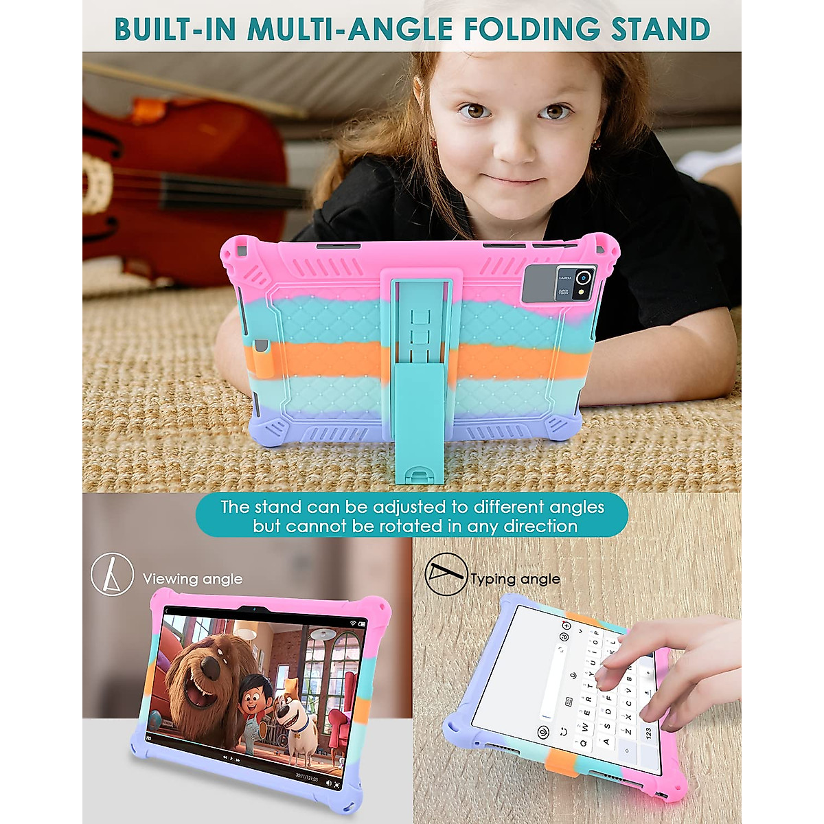 DETUOSI Silicone Case for Okaysea 10.1 inch Tablet with Stylus Pen & Shoulder Strap, Multi-Angle Stand Case, Soft Lightweight Protcetive Cover for QunyiCO 10.1, Moderness MB1001 10.1, Dazzling Pink