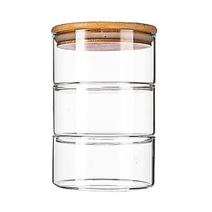 Holloance Airtight Glass Canister(3x15oz) with Bamboo Lid. Clear Food Storage Jar circular. Stackable Kitchen Storage Container for Coffee Beans, Nuts, Candy, Pasta, Sugar, Cookie, Flour, Fruit.