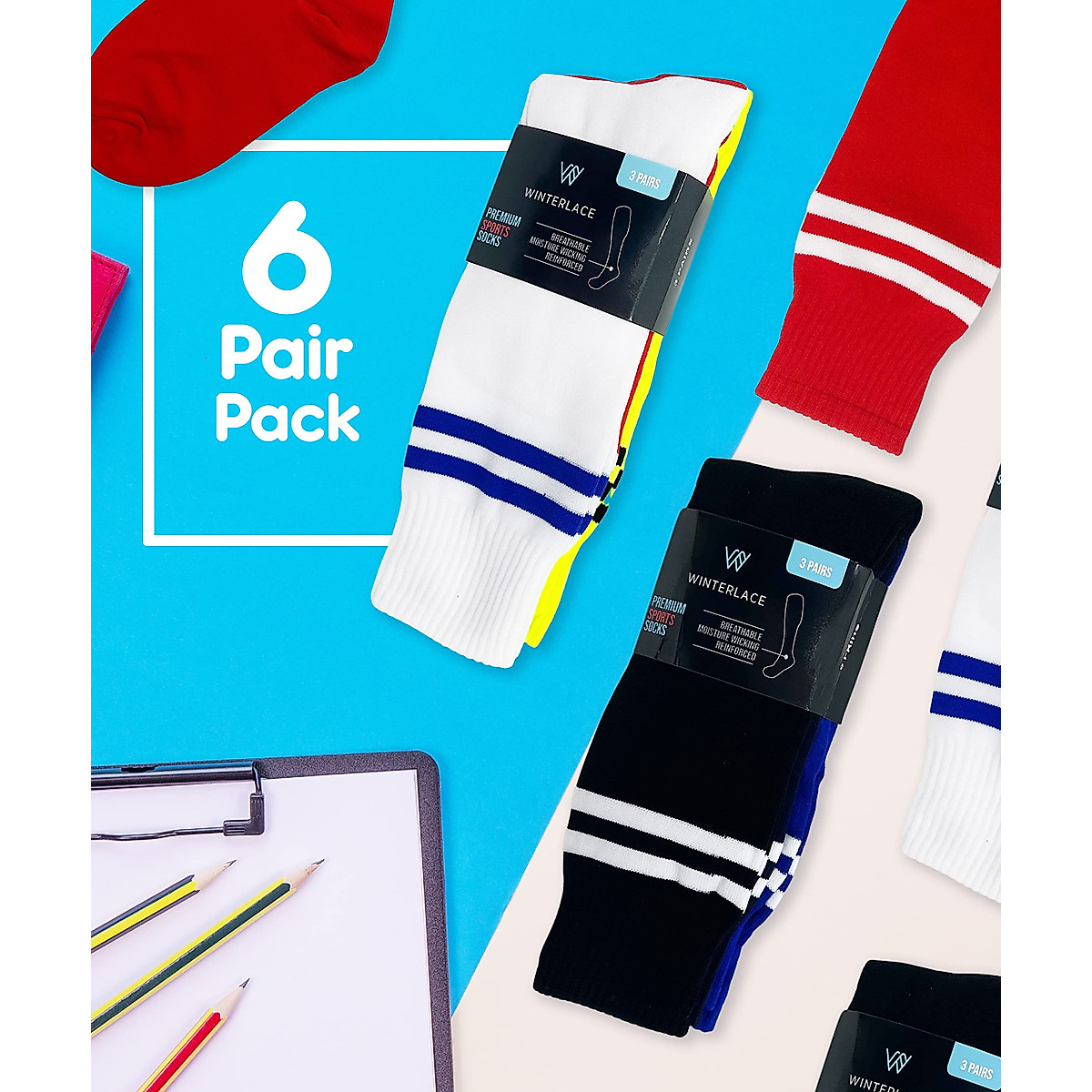 Winterlace Kids Soccer Socks, 6 Pairs for Boys Girls, Youth Knee High Athletic Sports Football Gym School Team Pack Children (as1, alpha, s, regular, Assorted)