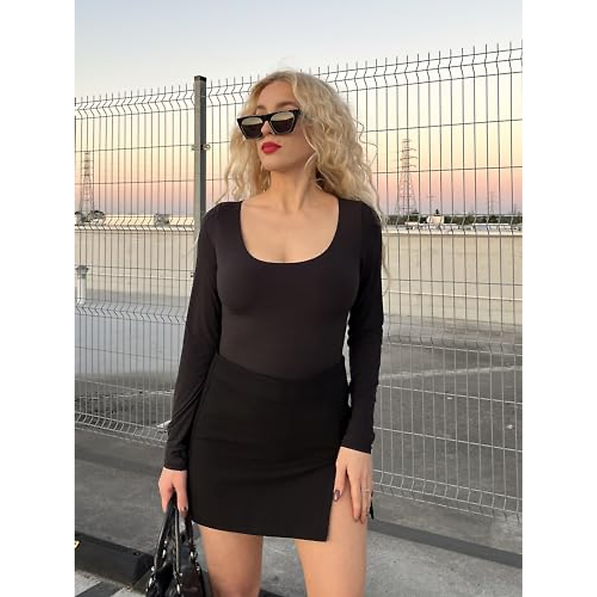 SHAPERX Women's Long Sleeve Scoop Neck Bodysuit Fits Everybody Soft Body Suits Tops, SZ5260-Black-M