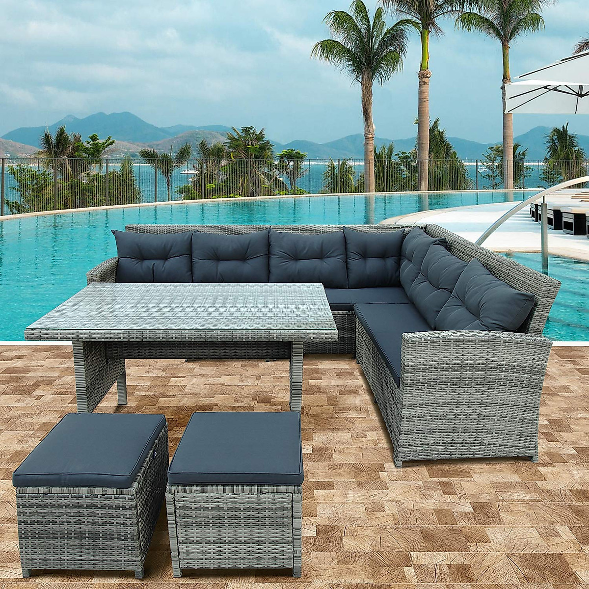 Merax Patio Dining Sets, PE Rattan Sectional Outdoor Patio Furniture Wicker Sofa with 2 Stools, Tempered Glass Table & Cushions, Grey+Dark Grey