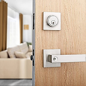 Exterior Door Lock Set with Deadbolt, Front Door Handle Set with Deadbolt, Door Levers Single Cylinder Deadbolt Set Satin Nickel