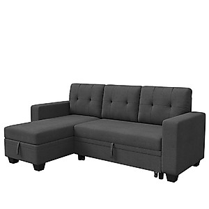 YESHOMY Sofa Bed, Reversible Convertible Sleeper Pull Out Couches with Storage Chaise, Linen Fabric Furniture for Living Room, Dark Gray