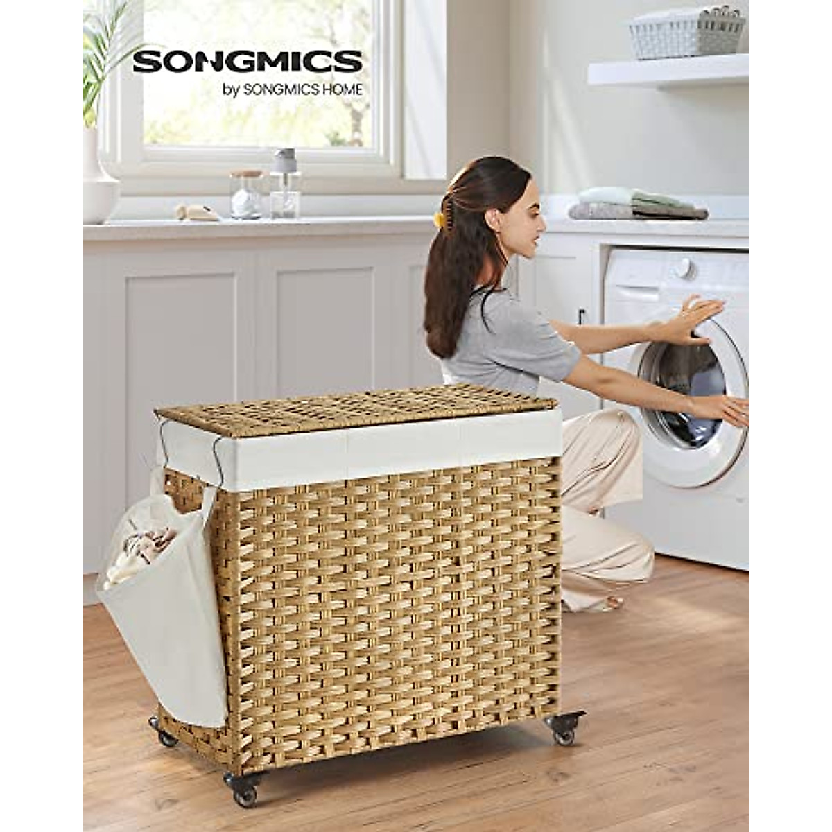 SONGMICS Laundry Hamper with Lid, 37 Gallon (140L), Rolling Laundry Basket with Wheels, 3-Section Synthetic Rattan Laundry Hamper, Removable Liner, Bedroom, 26x13x26 Inches, Natural ULCB363N01