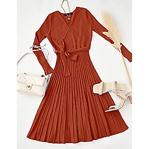 ZESICA Women's 2023 Fall Long Sleeve Wrap V Neck Ribbed Knit Pleated A Line Pullover Sweater Dress with Belt,Rust,Large