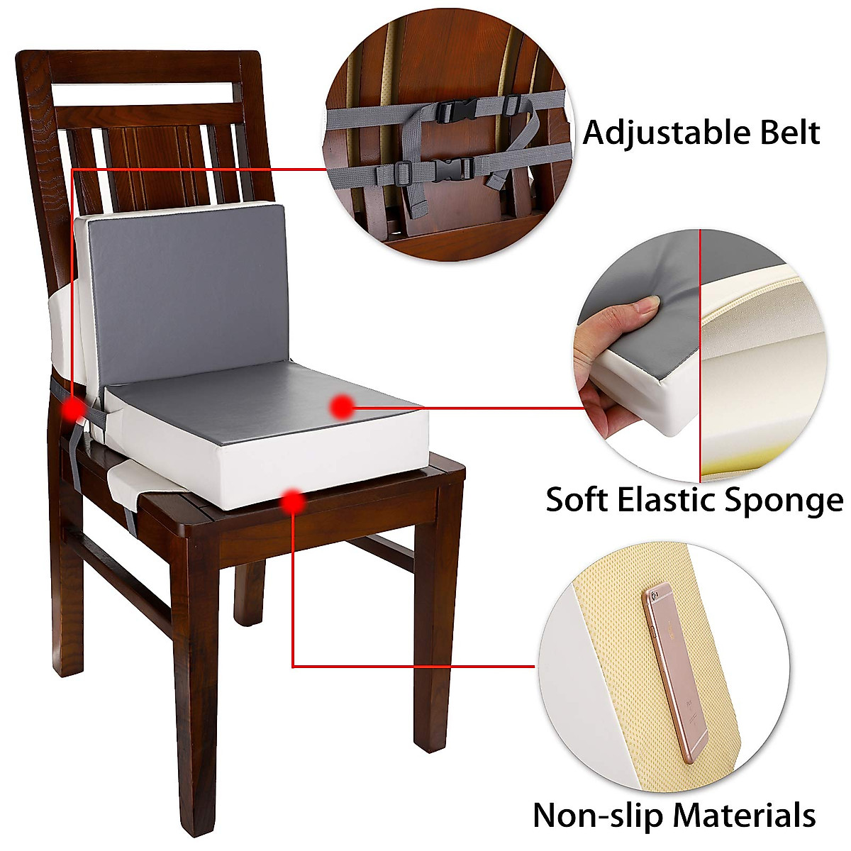 Sumnacon 2Pcs Chair Increasing Cushions - Baby Toddler Kids Infant Portable Dismountable Adjustable Highchair Booster Cushion Washable Thick Chair Seat Pads Buckle Straps, Grey + Beige