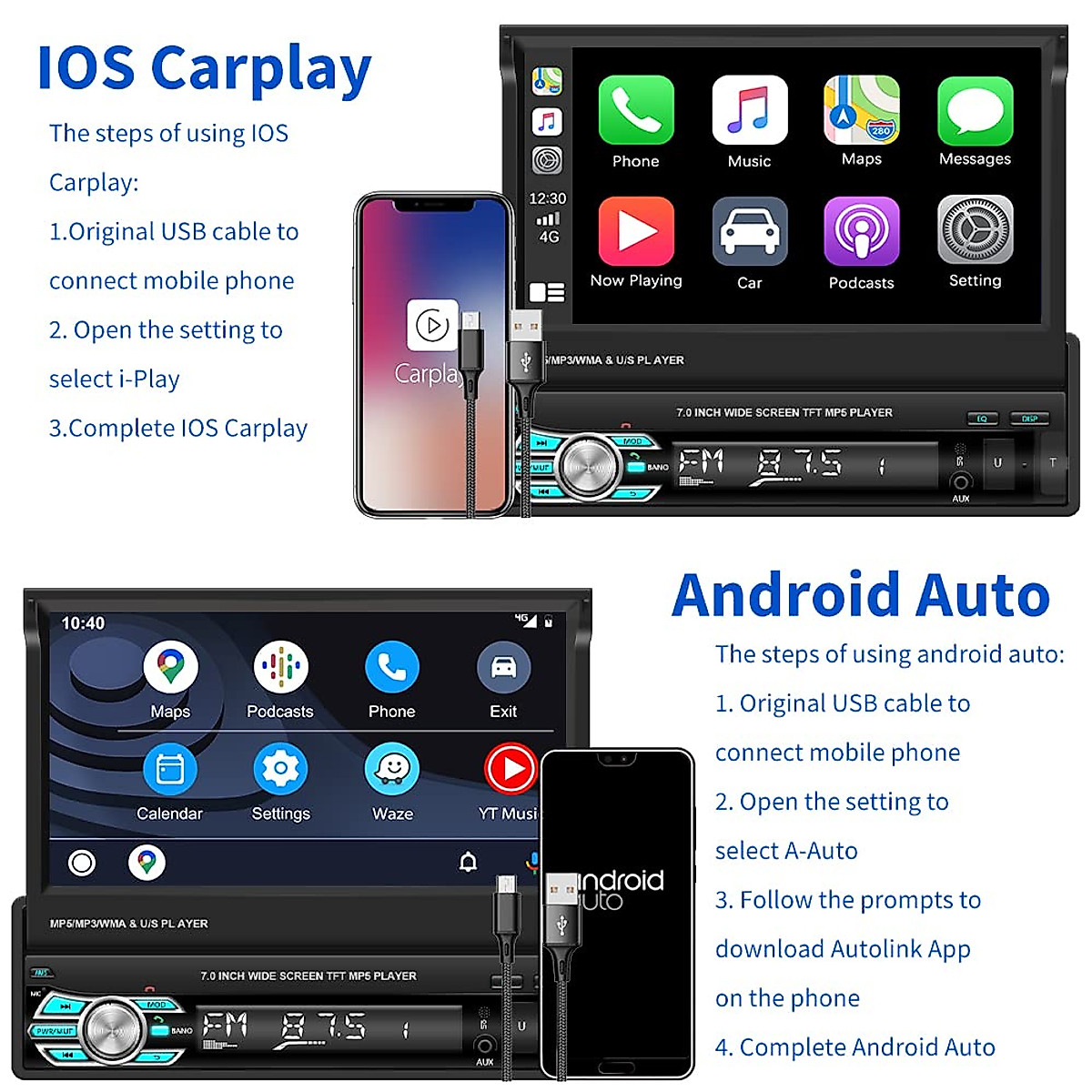 (Stable) Hikity Carplay Single Din Car Stereo, 7 Inch Flip Out Touch Screen Car Radio with Android Auto, Bluetooth, Mirror Link, Backup Camera, FM, USB, SWC, Voice Control Split Screen