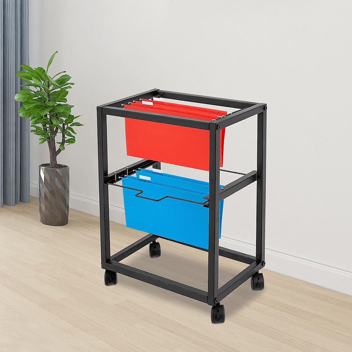 LOHISHILO 2 Tiers Metal Rolling File Carts with Wheels Hanging Files Movable Pull-Out File Folder Rack Drawer File Cabinet for Home, Office, Letters, Literature, Cards, Greeting Cards