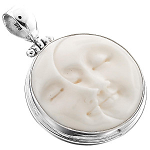 FifiRose Hand Carving Crescent Moon Sun Duo Bison Bone 925 Sterling Silver Pendant, 1 9/16"