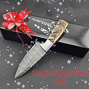 Knife4U Damascus Hunting Knife With Sheath|8"Best Camping,Hiking,Tactical,Survival Knife For Men|EDC Bushcraft Accessories Tool|Sharp Blade With Natural Handle And Knife Display Box (Rams Horn)