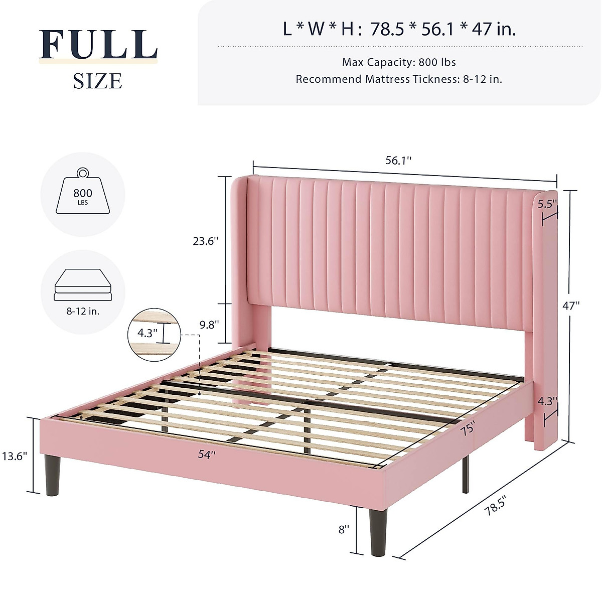 Allewie Full Size Velvet Bed Frame/Vertical Channel Tufted Wingback Headboard/Upholstered Platform Bed/Strong Wooden Slats/No Box Spring Needed/Easy Assembly/Pink