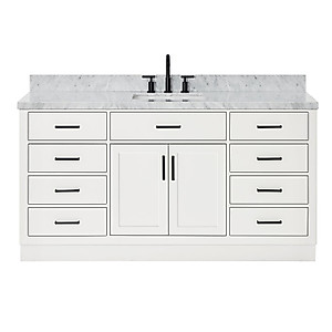 ARIEL 67" White Bathroom Vanity, 1.5" Edge Italian Carrara Marble Countertop & Splash, Single Rectangular Sink, 2 Soft Closing Doors, 9 Full Extension Dovetail Drawers, Toe Kick, Matte Black