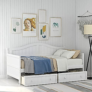 Sturdy Wood Twin Size Bed Frame Twin Wooden Daybed with 2 Drawers,?Sofa Bed for Bedroom Living Room,No Box Spring Needed,White