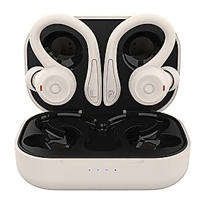 Beige Wireless Earbuds with Earhooks Bluetooth Earbuds with Ear Hook Waterproof Sport Headphones Noise Cancelling Ear Buds with Microphone Long Battery Life Earphones for Running Workout Android iOS