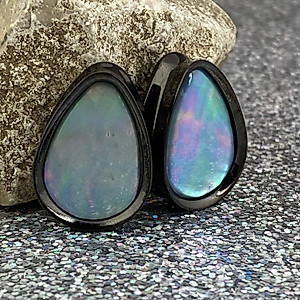 Mystic Metals Body Jewelry Pair of Black Steel Teardrop Plugs with Grey Shell Inlay (PS-290) (7/8" (22mm))