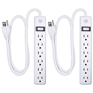 GE 6-Outlet Surge Protector 2 Pack, 3 Ft Extension Cord, Power Strip, 450 Joules, On/Off Switch, Integrated Circuit Breaker, Heavy Duty, Warranty, UL Listed, White, 14709