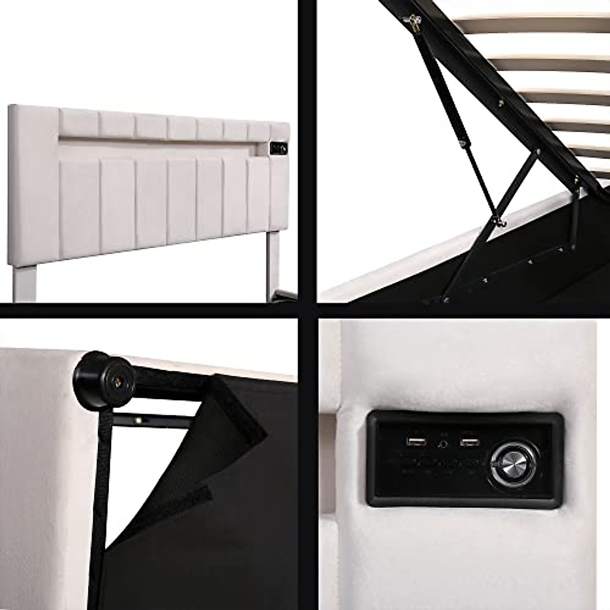 Harper & Bright Designs Upholstered Full Platform Bed with LED Headboard, Bluetooth Player and USB Charging, Velvet Fabric Full Size Bed with Lift Up Storage, No Box Spring Needed (Beige)