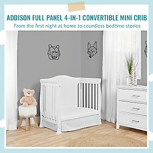 Dream On Me Addison Full Panel 4-in-1 Convertible Mini Crib in White, JPMA Certified Baby Crib, Non-Toxic Finish, New Zealand Pinewood, Low to Floor Design