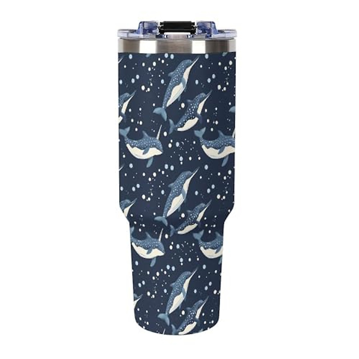 Whales Orcas Narwhals On Navy 40 Oz Tumbler Insulated Stainless Steel Water Bottle Travel Mug Car Cup with Handle And Straw