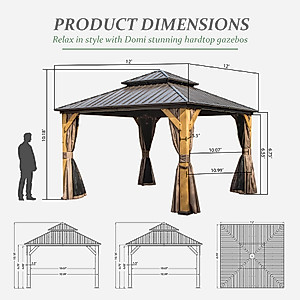 Domi 12' X 12' Wood Gazebo, Cedar Frame Hardtop Gazebo with Galvanized Steel Double Roof, Netting & Curtains, Patio Pergola Pavilion for Patio, Backyard, Deck, Lawns