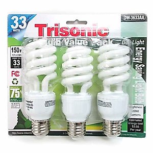 3 Pack Daylight Bulb Light 33 W Energy 150 Watt Output White Compact Fluorescent Light Bulb Spiral Day Light Cool White, 33W (150 Watt Equivalent), 2090 Lumens, E26 Medium Base, 120V, 60 HZ (Pack of