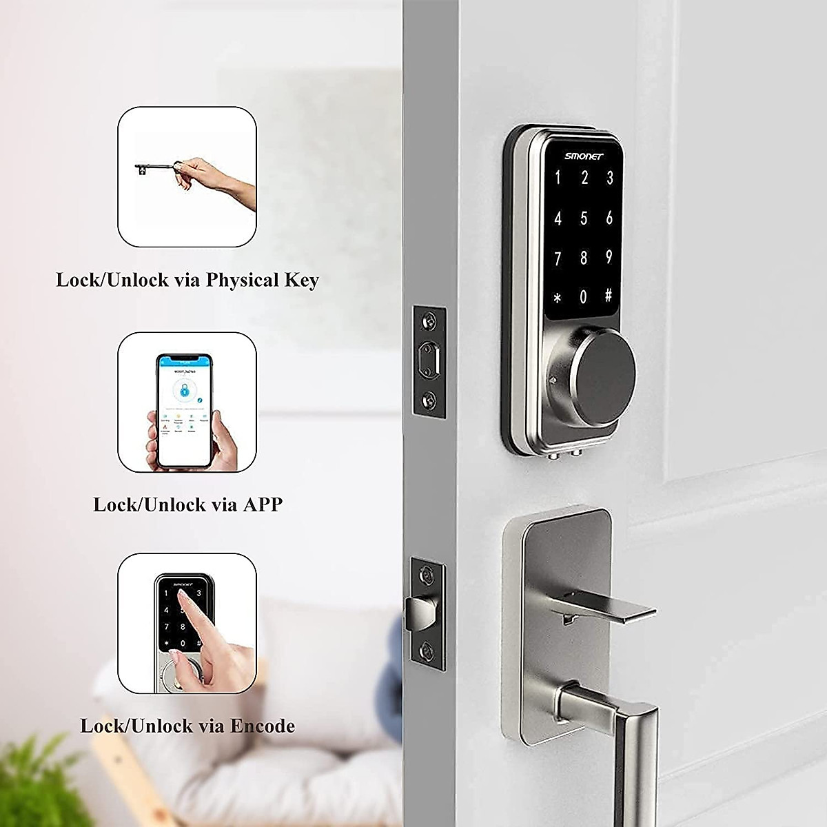 Smart Lock,SMONET Keyless Entry Door Lock,Remote Lock Unlock for Home Security,Easy Installation,Voice Control,Touchscreen Keypad Deadbolt,Code Bluetooth Electric Deadbolt for Hotel,Office