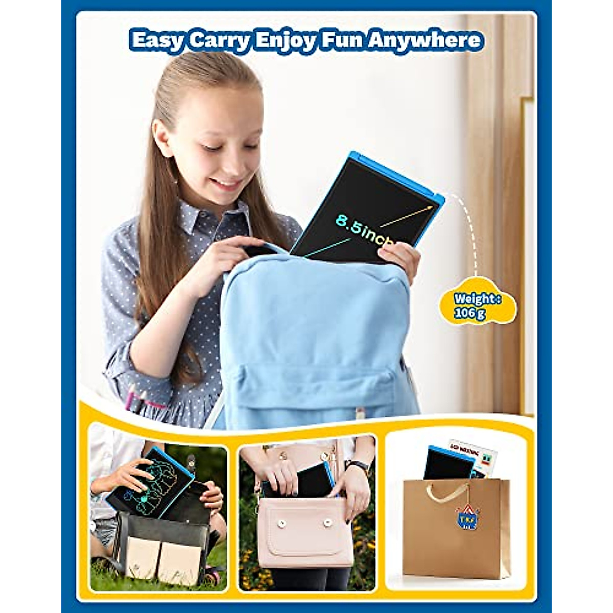 TEKFUN 2 Pack LCD Writing Tablet with 4 Stylus, 8.5in Erasable Doodle Board Mess Free Drawing Pad for Kids, Car Trip Educational Toys Birthday for 3 4 5 6 7 Girls Boys (2*Blue)