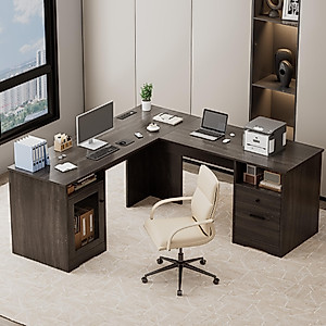 MU L Shaped Desk with File Drawer, 60 Inch Corner Desk with Storage Drawers & Cabinet, Large Home Office Desk with Power Outlets, Wood Executive Office Desk, Grey