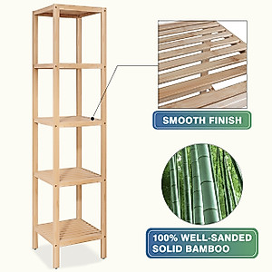SMIBUY Bathroom Storage Shelf, 5-Tier Bamboo Rack Organizer, Multifunctional Shelving Unit for Living Room Bedroom Kitchen (Natural)