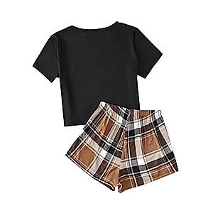 SweatyRocks Women's 2 Piece Pajama Set Graphic Short Sleeve Tee Shirt and Cute Plaid Shorts Black Brown Large