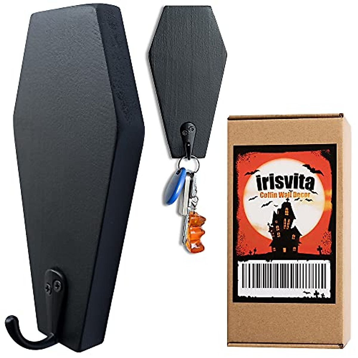 IRISVITA Coffin Key Holder (Set of 2) - Spooky Gothic Decor for Wall, Rustic Black Hanging Wooden Hooks for Keys, Mugs - 5.5 Inches Tall by 2.75 Inches Wide (Small)