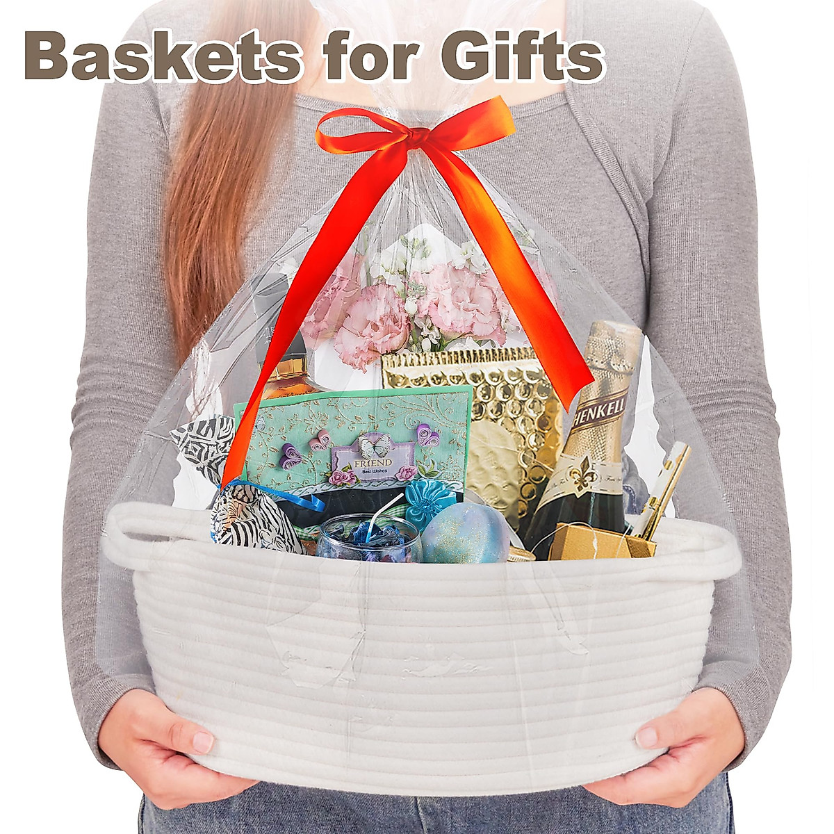 Bufims Small Woven Basket with Ribbons and Bags Durable Basket for Gifting Cute Gifts Basket 12"X 8" X 5" Small Rope Basket for Storage, White