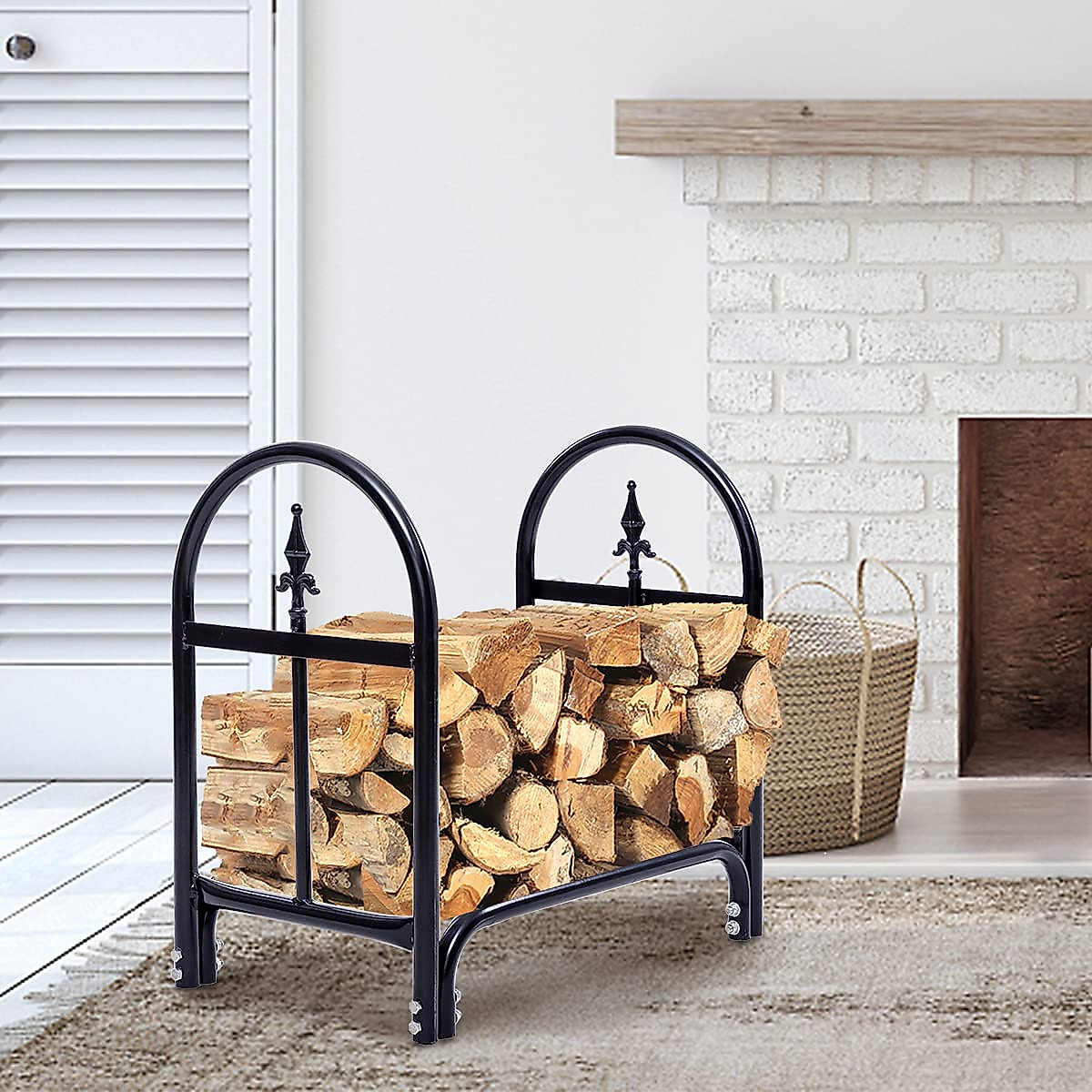 Happytools Firewood Rack, 24 Inch Fireplace Wood Storage Stand for Indoor and Outdoor, Heavy Duty Steel Fire Log Stacker Holder for Stove Fire Pit Fireplace (Single Head, 2 FT) Black