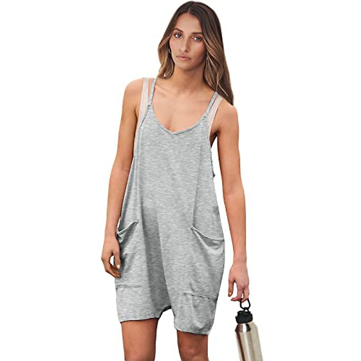 ANRABESS Rompers for Women Summer Jumpsuits Casual Outfits Shorts Overalls 2023 Fashion Stretchy Comfy Clothes Sleeveless Cute Jumpers with Pockets A948-qianhuahui-S