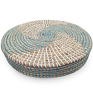 Ann Lee Design Round Serving Seagrass Trays (Teal Blue Vortex, Seagrass)