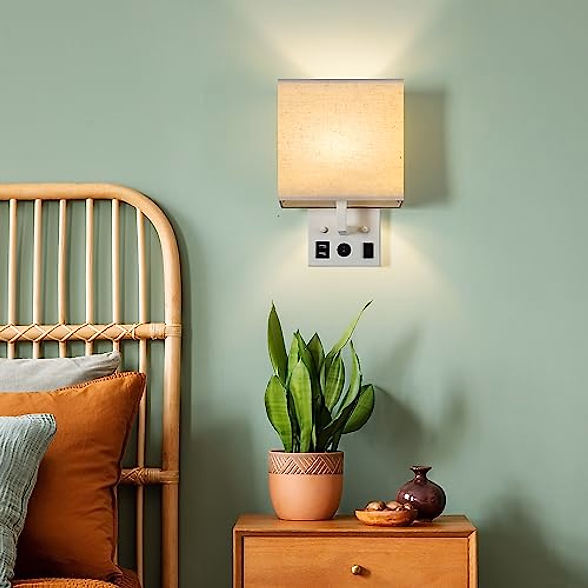Bedside Wall Lamps Set of 2 Plug in Wall Sconces Wall Lighting with Dual USB Charging Ports and AC Outlet Modern Wall Lamp with Plug in Cord Wall Lights for Bedroom Living Room (2 Bulbs Included)