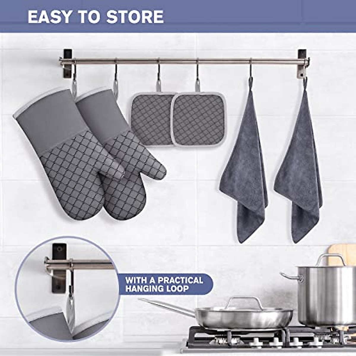 IXO 6Pcs Oven Mitts and Pot Holders, Oven Glove Heat Resistant 500℉ with Kitchen Towels Kitchen Mitts and Pot Holder Soft Cotton Lining and Non-Slip Silicone Surface for Baking, Cooking, BBQ(Grey)