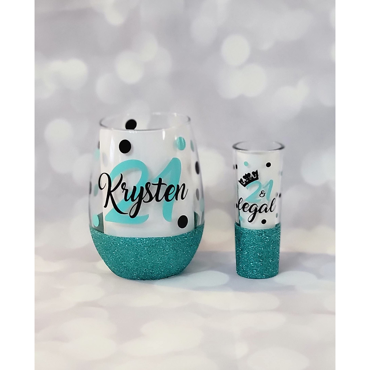 Glitter Birthday Wine Glass, Glitter Birthday Shot Glass, Age + Name (Wine + Shot)