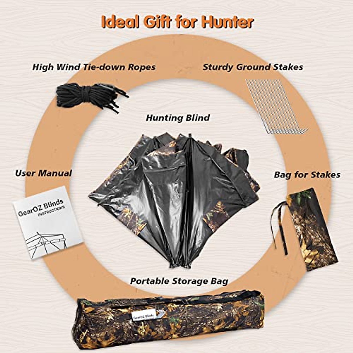GearOZ Hunting Blind, See Through Ground Blinds for Deer Hunting 3-4 Person Pop Up Tent Turkey Blind for Bow Hunting 270°, Portable Durable Deer Blind for Hog Turkey Duck Hunting