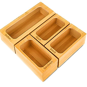 Premium Thick Solid Bamboo Storage Bag Organizer, Organizadores De Cocina, Food Baggie Dispenser for Kitchen Drawer Compatible with Most Brand (4 Piece Set)