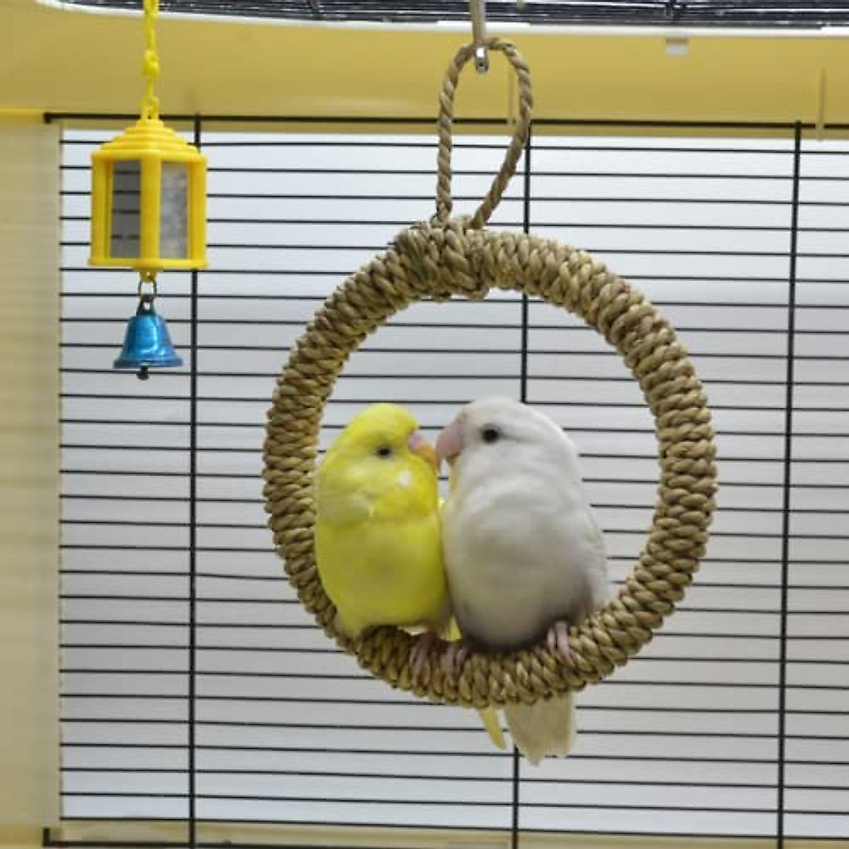 Bird Rope Swing Toy Parrot Climbing Perch Stand Natural Straw Rope Weaving Round Toy for Cockatiel Conure Cockatoo Parakeet Cage Hanging Decor