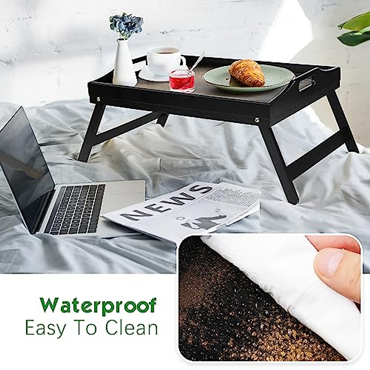 TURSTIN 2 Packs Bed Tray Bamboo Bed Trays Table with Folding Legs Breakfast in Bed Portable Food Serving Lap Tray with Handles for Eating Snack Laptop Working Bed Sofa Kitchen Bedroom, Black