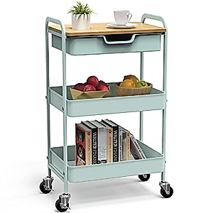 Aratan Utility Rolling Cart with Table Top, 3 Tier Metal Storage Cart with Drawer, Kitchen Organizer Cart with Handle and Locking Wheels for Bathroom Office Balcony Living Room (Light Green)